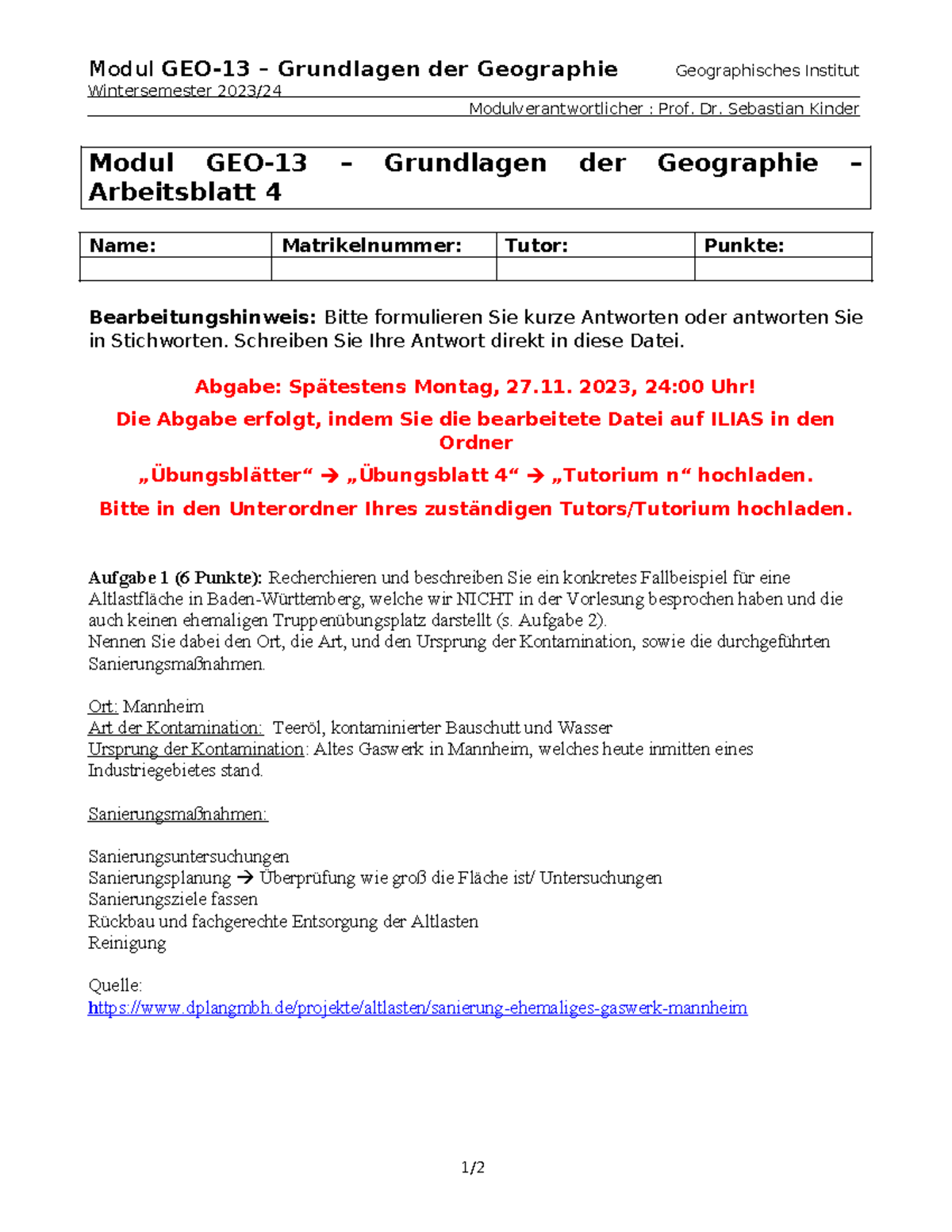 Geo-13 Übung 4, WS - Modul GEO-13 – Grundlagen der Geographie Geographisches Institut ...