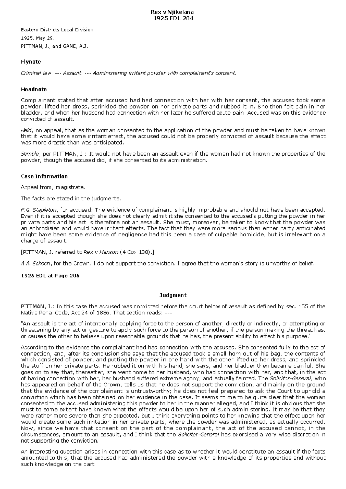 Rex v Njikelana 1925 EDL 204 - Rex v Njikelana 1925 EDL 204 Eastern Districts Local Division ...