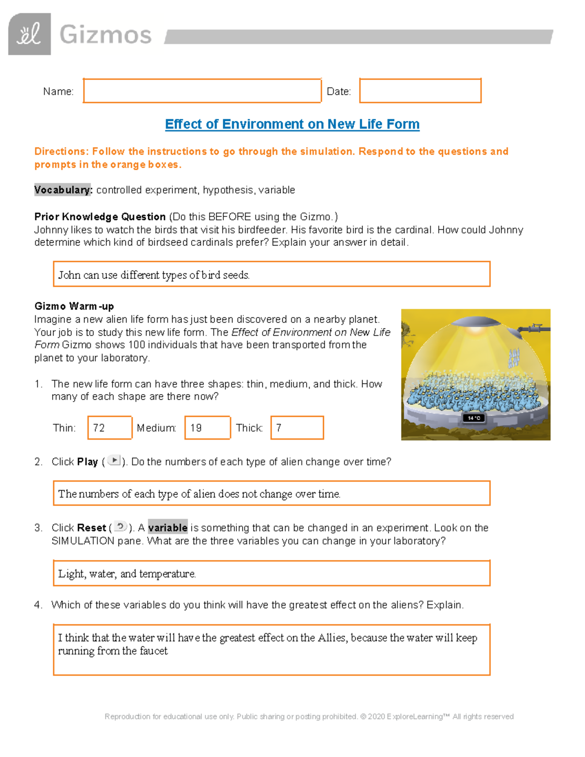 Copy of Effect Environment SE - Name: Date: Effect of Environment on ...