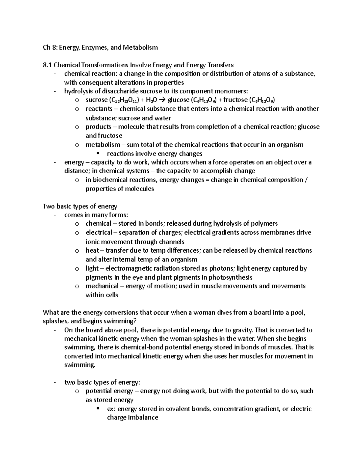 BIOL 105 Ch 8 Energy and Metabolism - Ch 8: Energy, Enzymes, and ...