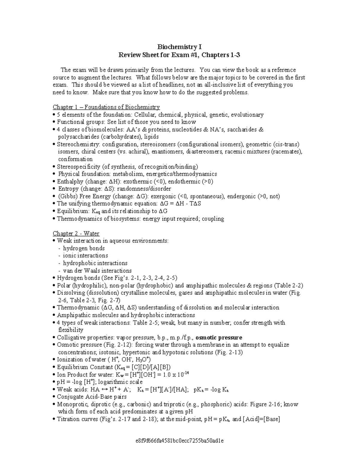 Biochem I Exam 1 Review Sheet Ch 1-3 - Biochemistry I Review Sheet for ...