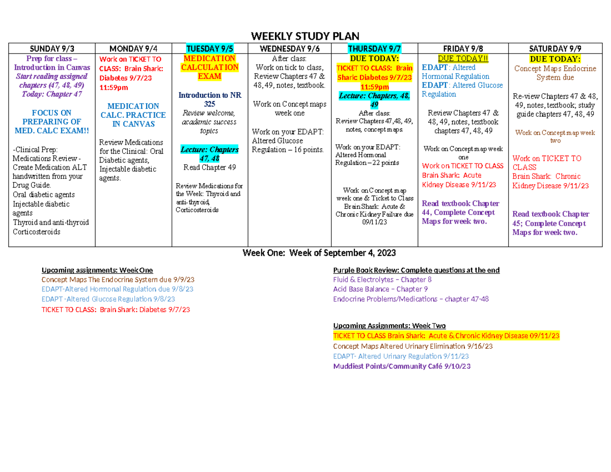 325 Student Study plan - SUNDAY 9/3 MONDAY 9/4 TUESDAY 9/5 WEDNESDAY 9/ ...