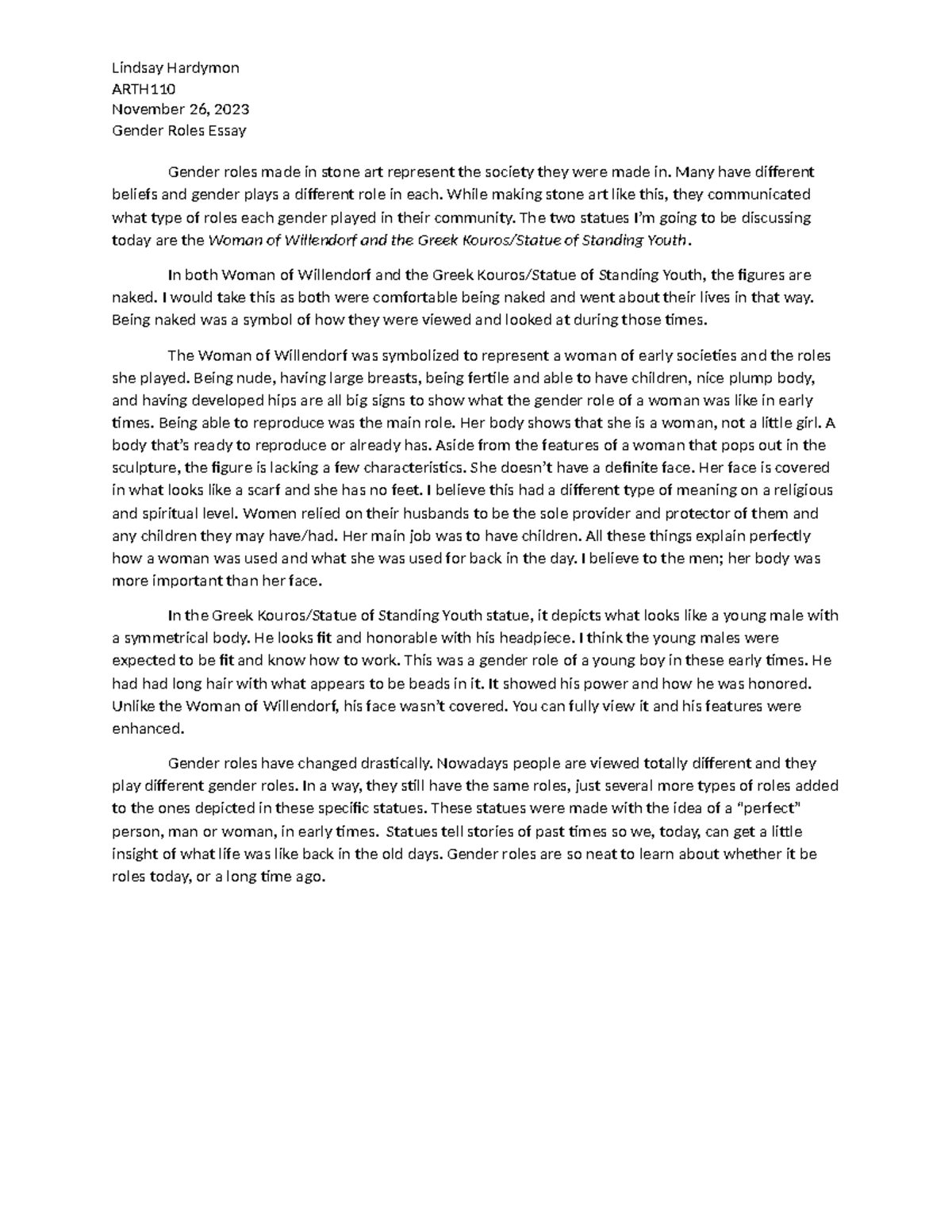 Gender roles Essay. - Lindsay Hardymon ARTH November 26, 2023 Gender ...