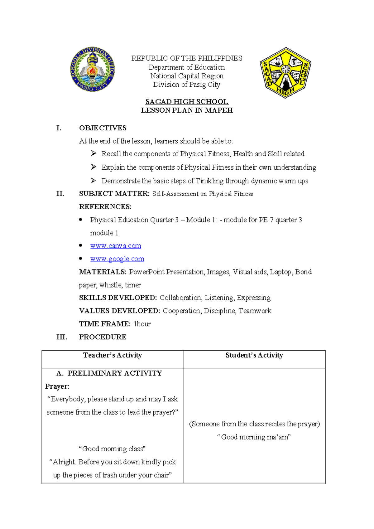 Lesson Plan in MAPEH - REPUBLIC OF THE PHILIPPINES Department of ...