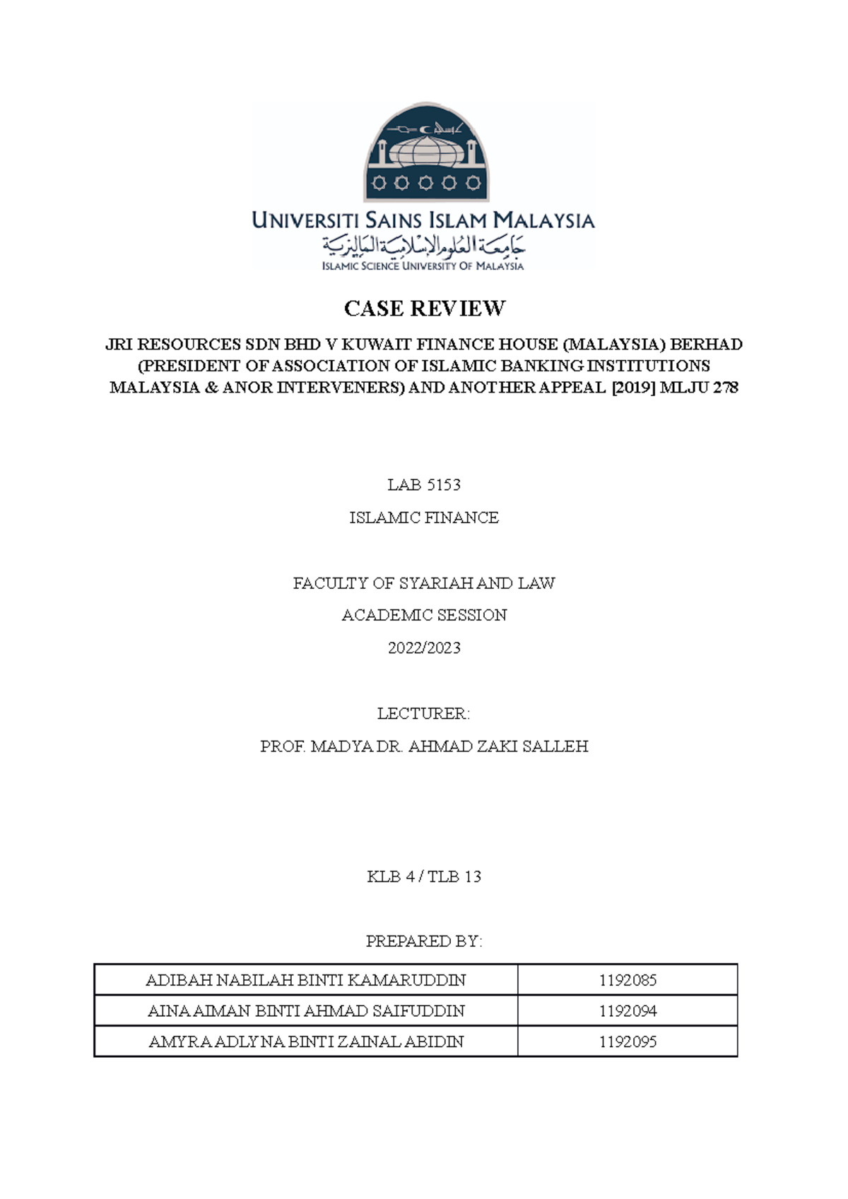 CASE Review Islamic Finance - CASE REVIEW JRI RESOURCES SDN BHD V ...