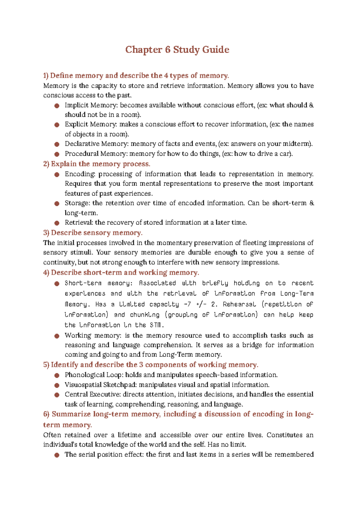 Chapter 6 Study Guide - Chapter 6 Study Guide 1) Define memory and ...