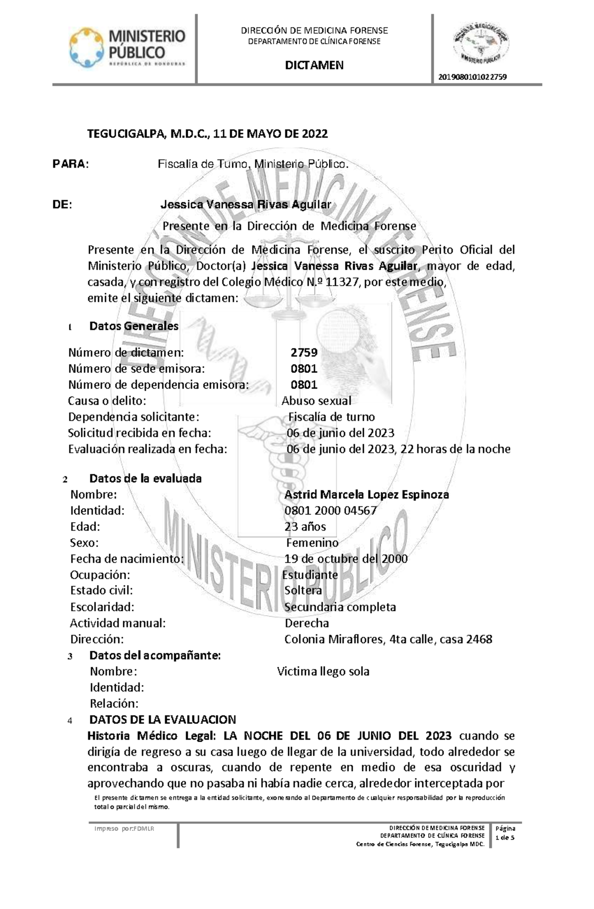 Informe Medico Forence - DEPARTAMENTO DE CLÍNICA FORENSE DICTAMEN ...