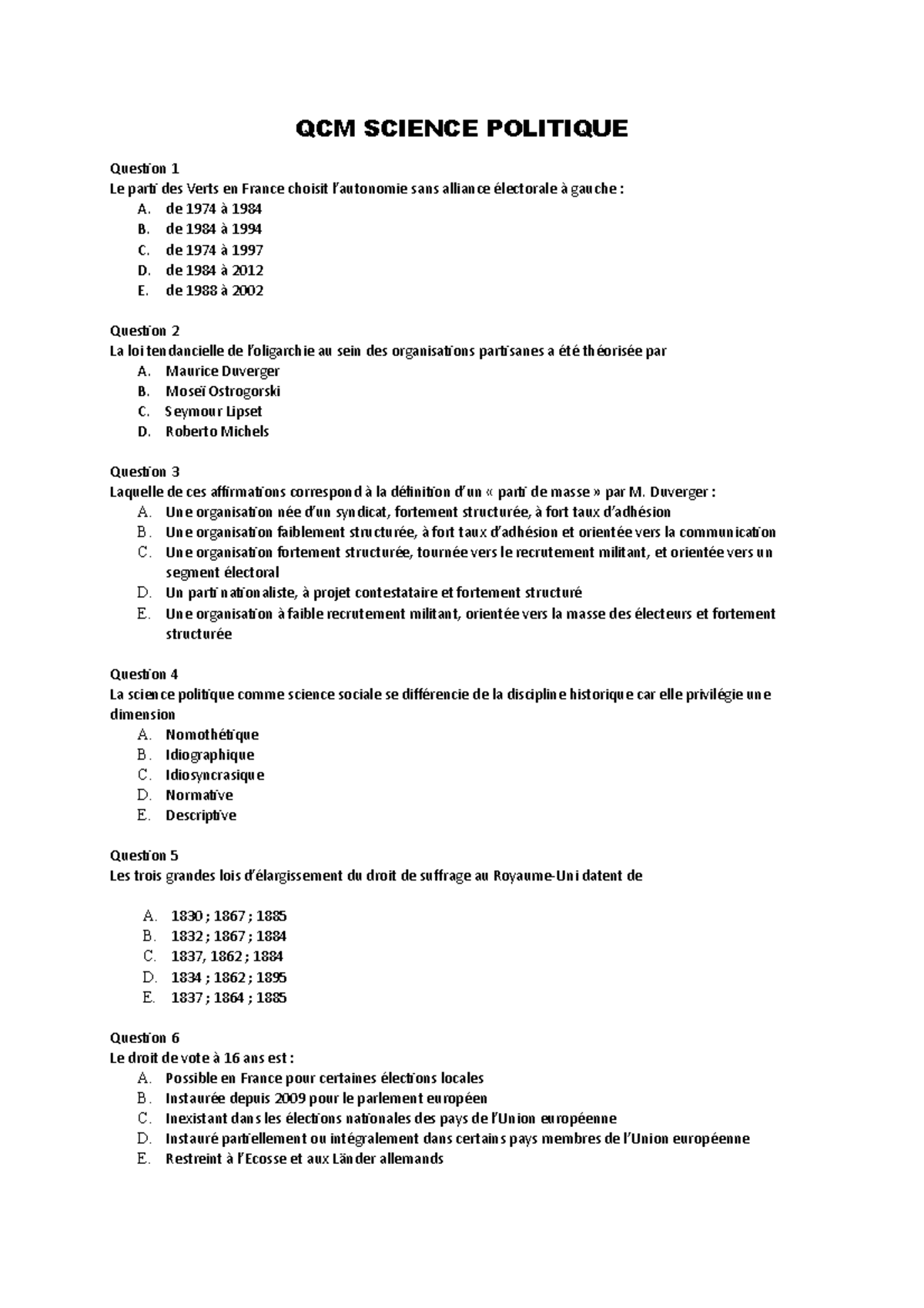 Annale SPO annales - QCM SCIENCE POLITIQUE Ques%on 1 Le par% des Verts ...