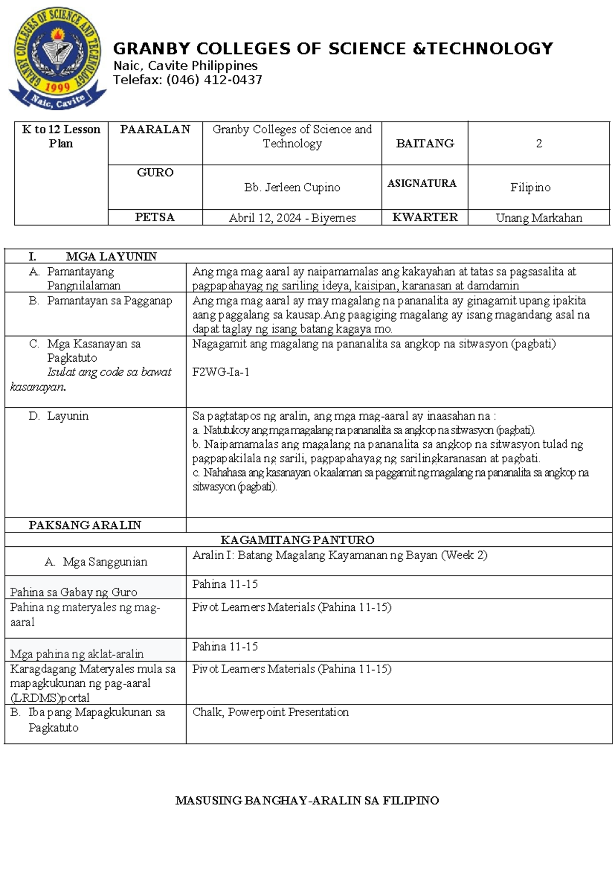 DLP- Filipino- Format-2 - BAITANG 2 Granby Colleges of Science and ...