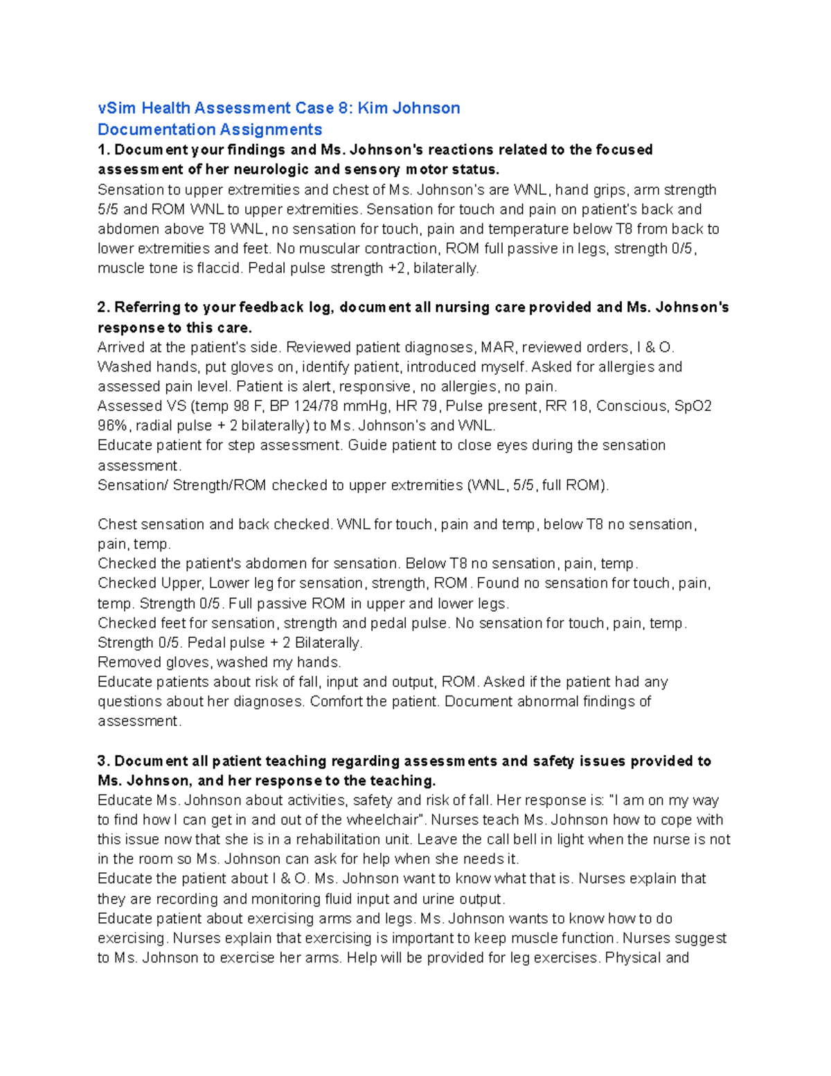 Kim Johnson Health Assessment HW - vSim Health Assessment Case 8: Kim ...