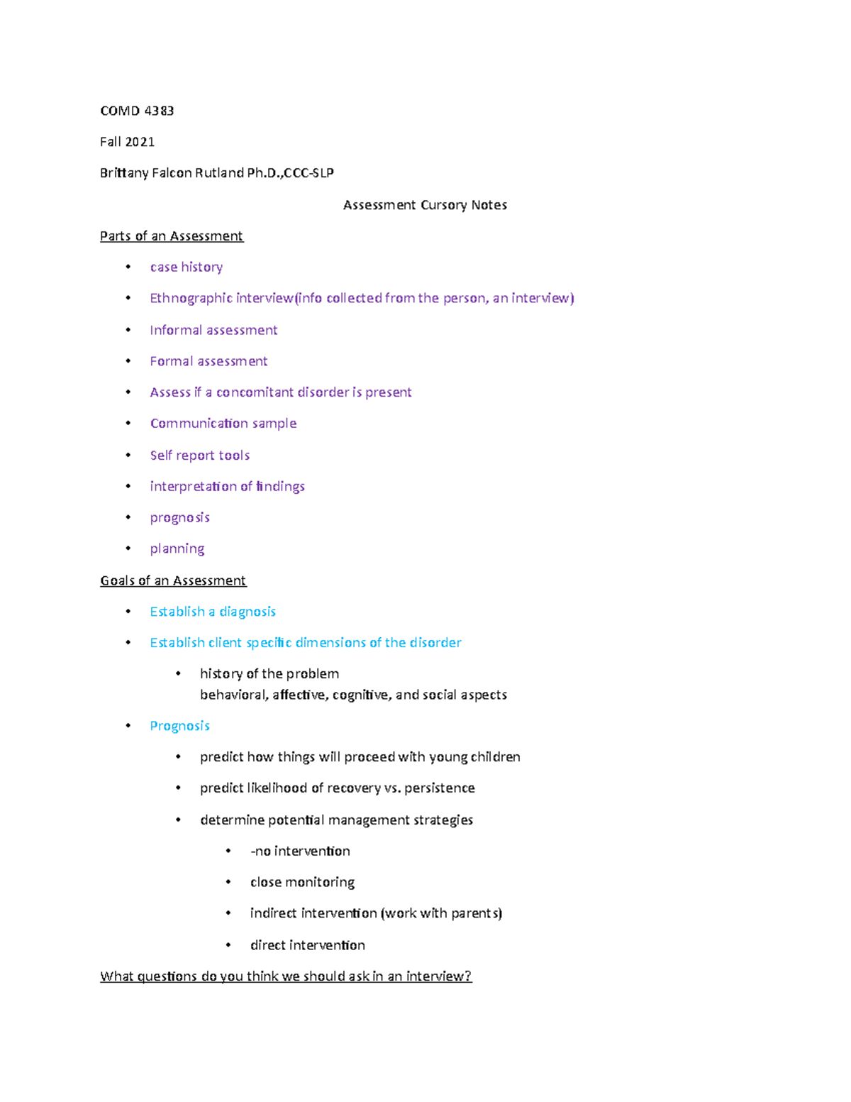 Comd 4383 Assessment cursory notes 10-26 - COMD 4383 Fall 2021 Brittany ...