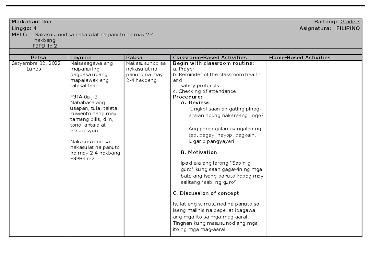 WLP WEEK3 Filipino Q1 - thanks - Markahan: Una Linggo: 4 MELC ...