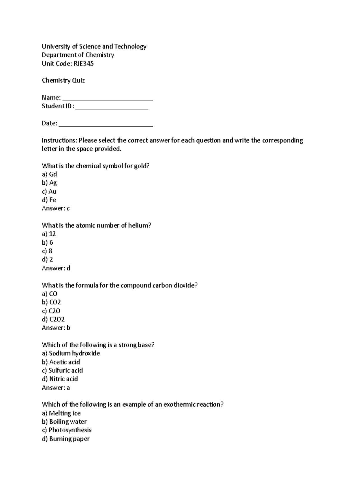 Quiz for Chemistry Test 1 - University of Science and Technology ...