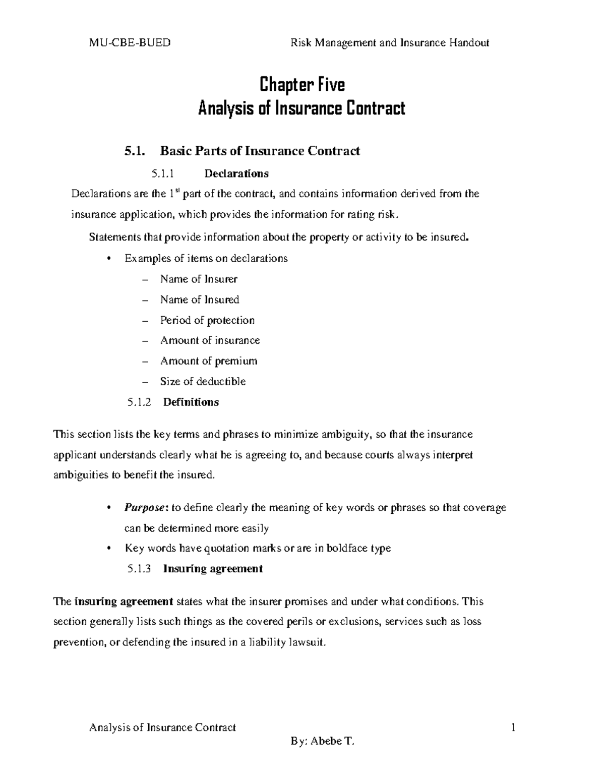 Chapter Five analysis of insurance contract - Analysis of Insurance ...