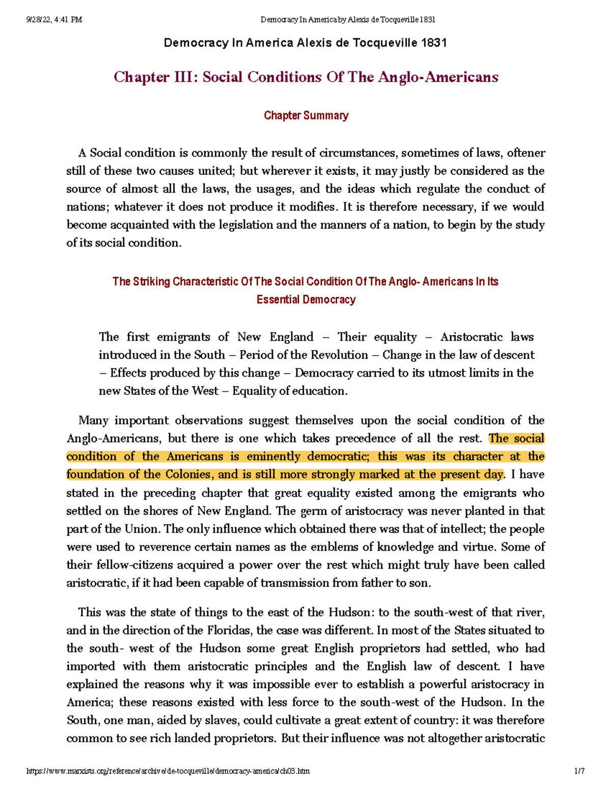 Tocqueville 1830 Democracy In America ch3 equality - Democracy In ...