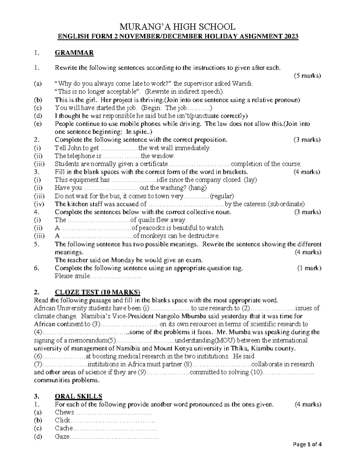 Holiday assignment Assignments H- Form 2 - English - MURANG‟A HIGH ...