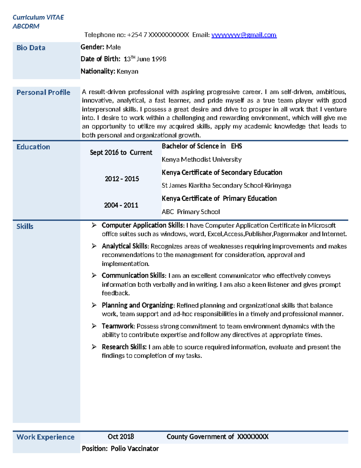 NEW CV Format - Sample - Curriculum VITAE ABCDRM Telephone no: +254 7 ...