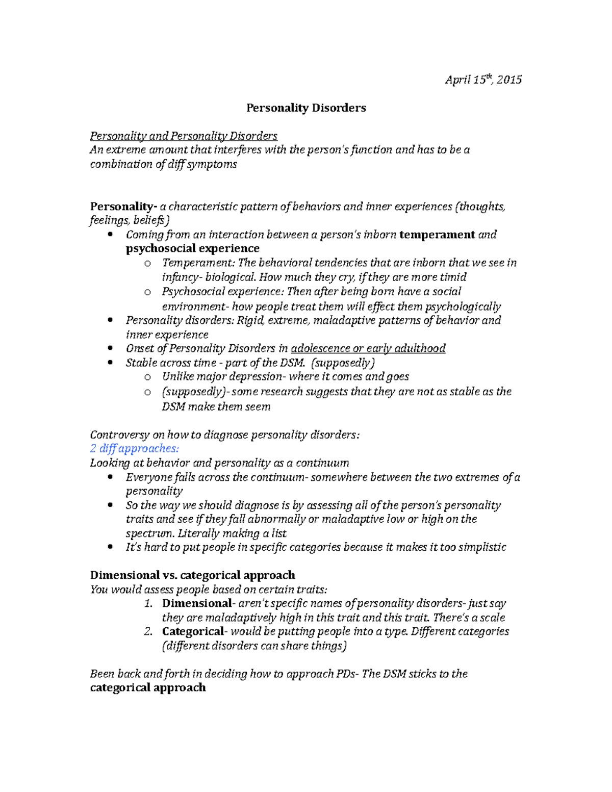 Notes 9- personality disorders - April 15th, 2015 Personality Disorders ...