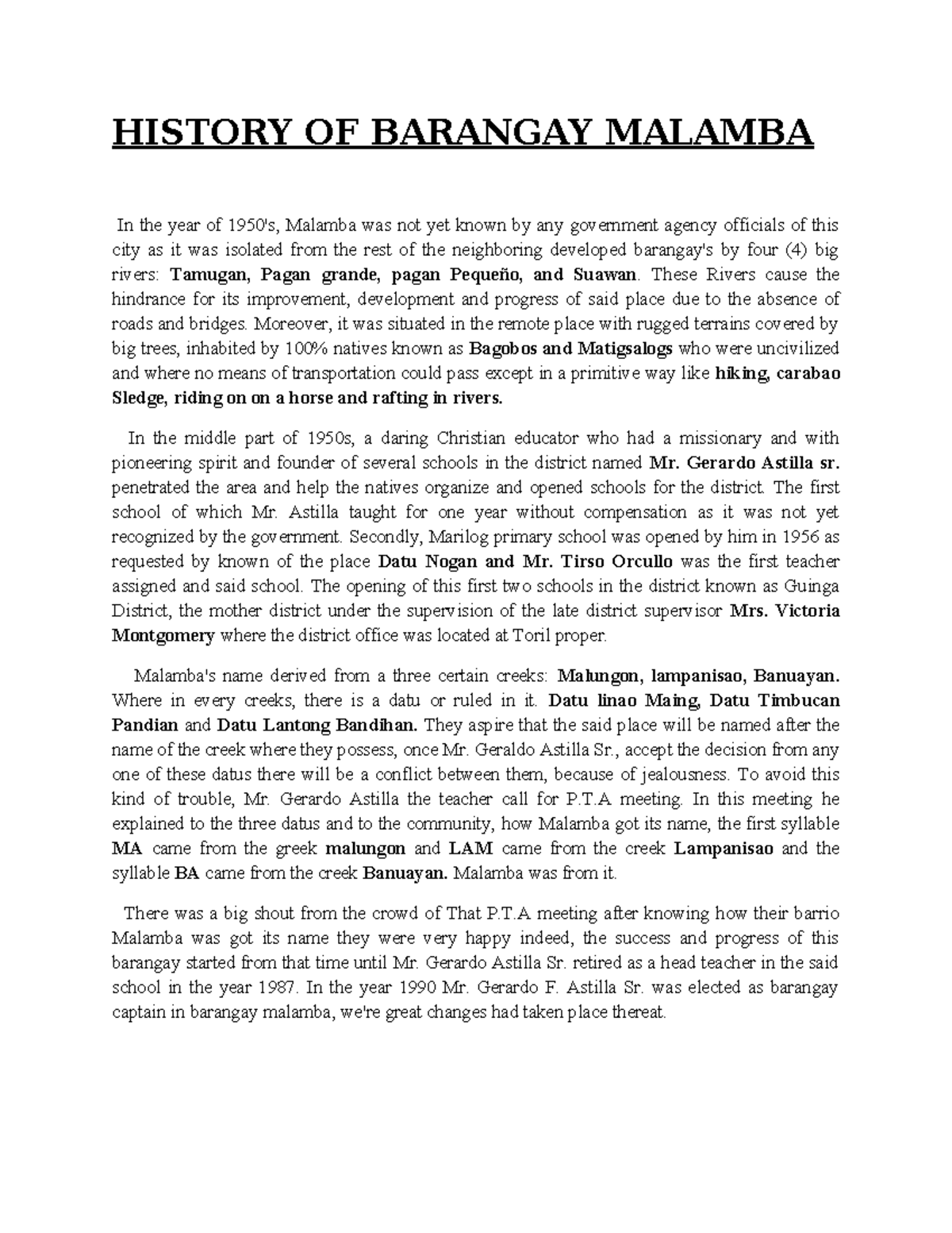 History OF Barangay Malamba - HISTORY OF BARANGAY MALAMBA In the year ...