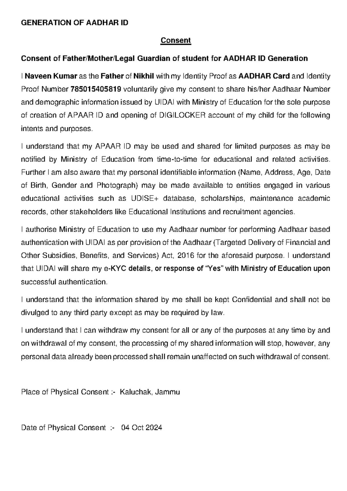 Concent Letter - nvfyjrfui - GENERATION OF AADHAR ID Consent Consent of ...