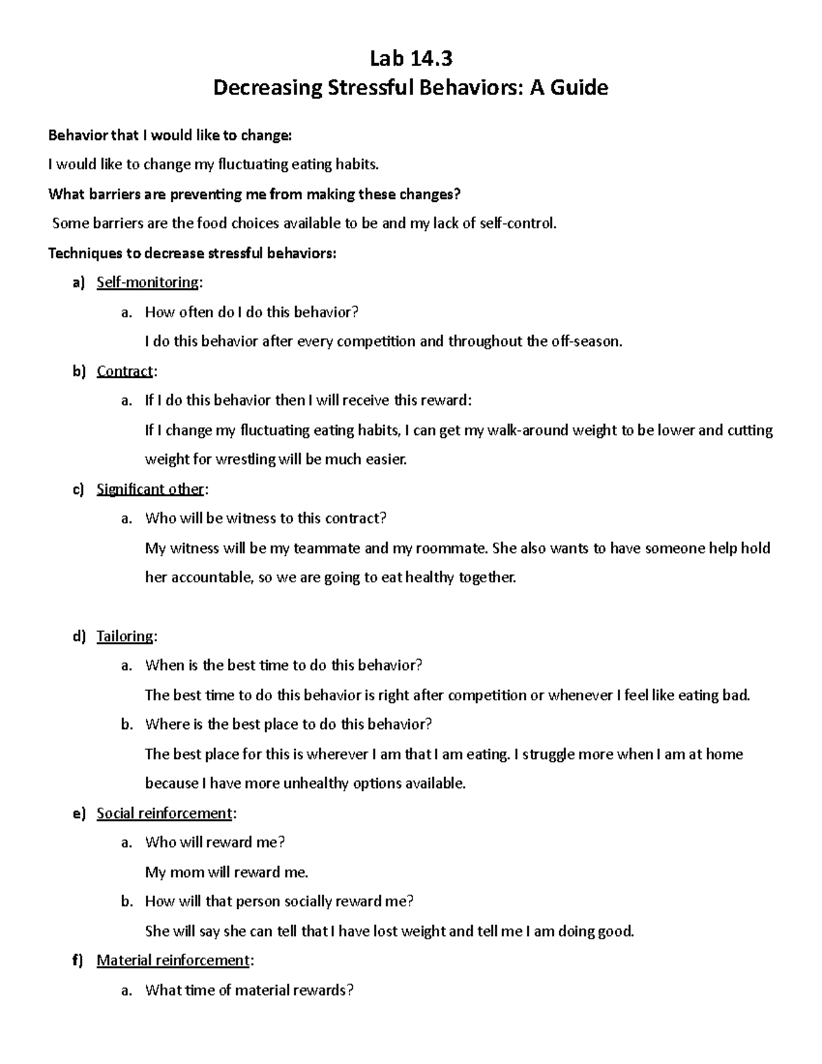 Stress Management - Lab 14 - Lab 14. Decreasing Stressful Behaviors: A ...