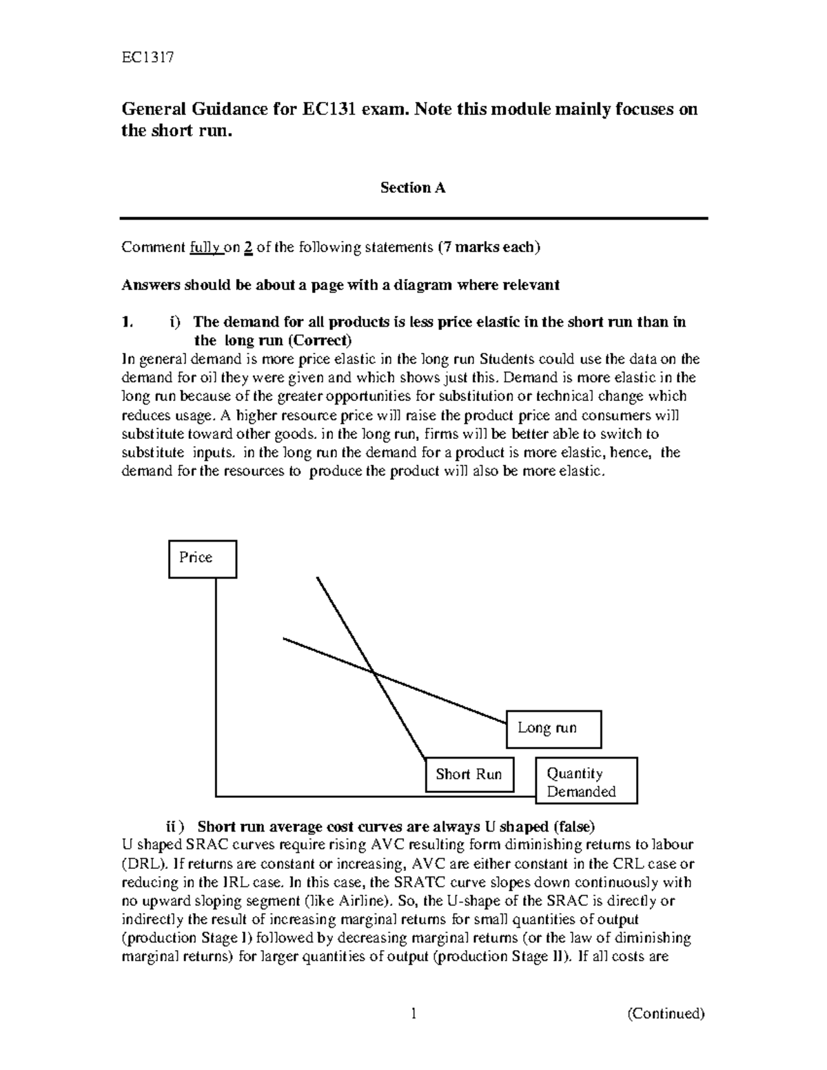 Exam 2009, answers - EC1317 General Guidance for EC131 exam. Note this ...