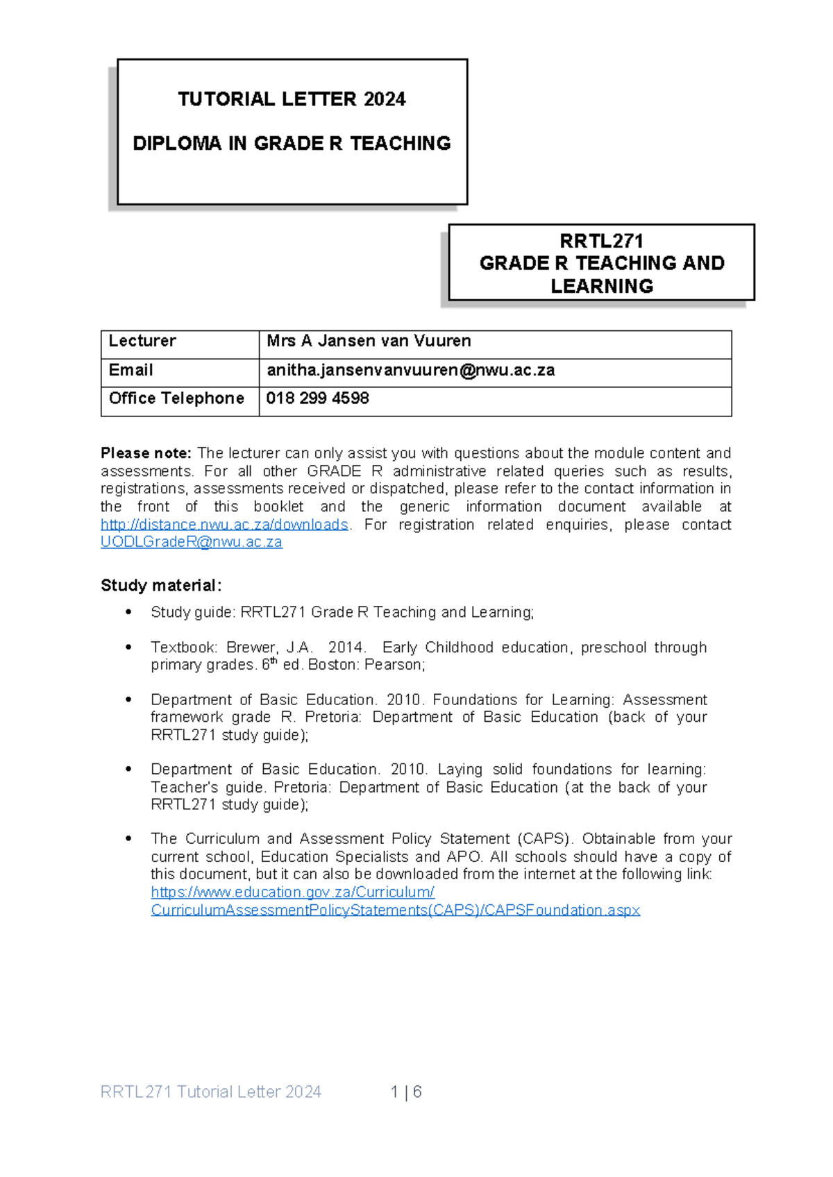RRTL271 Tutorial Letter 2024-1 - RRTL GRADE R TEACHING AND LEARNING ...