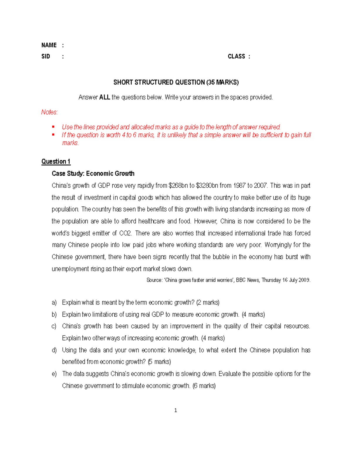 Tutorial 1 - Q - 1 NAME : SID : CLASS : SHORT STRUCTURED QUESTION ( 35 ...