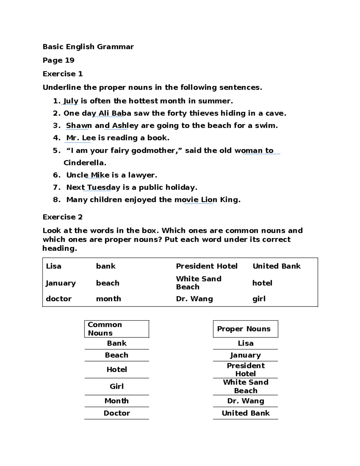 Basic English Grammar 2 - Basic English Grammar Page 19 Exercise 1 Underline the proper nouns in ...