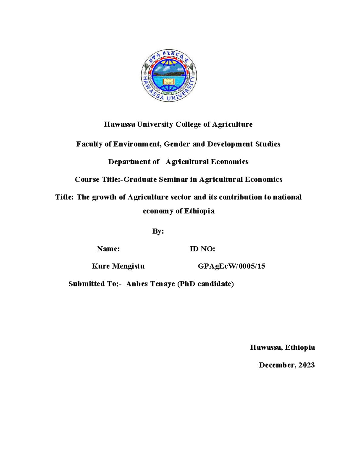 Seminar - agricultural performance in Ethiopia - Hawassa University ...