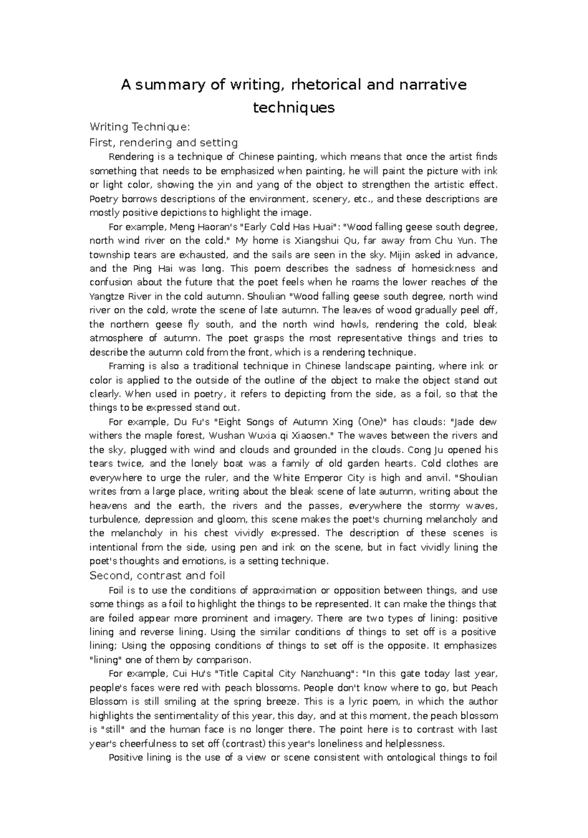 A summary of writing, rhetorical and narrative techniques - A summary ...