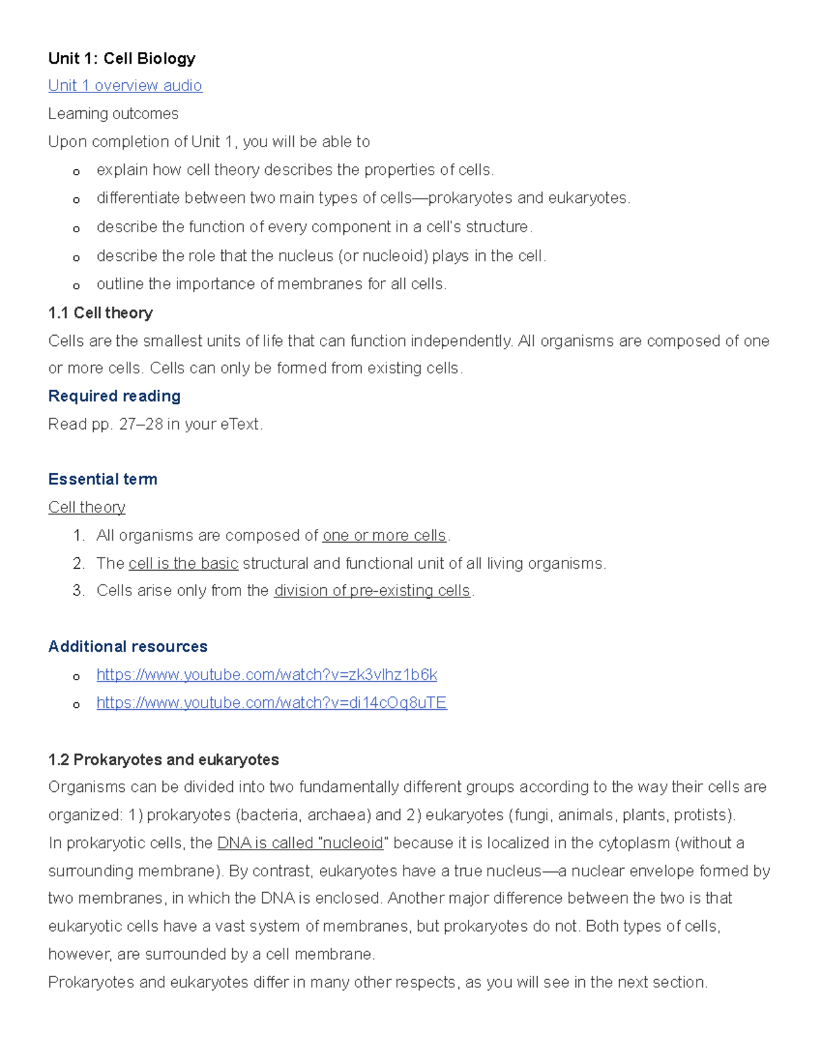 BIOL 204 Study Guide UNIT 1 - Unit 1: Cell Biology Unit 1 overview ...