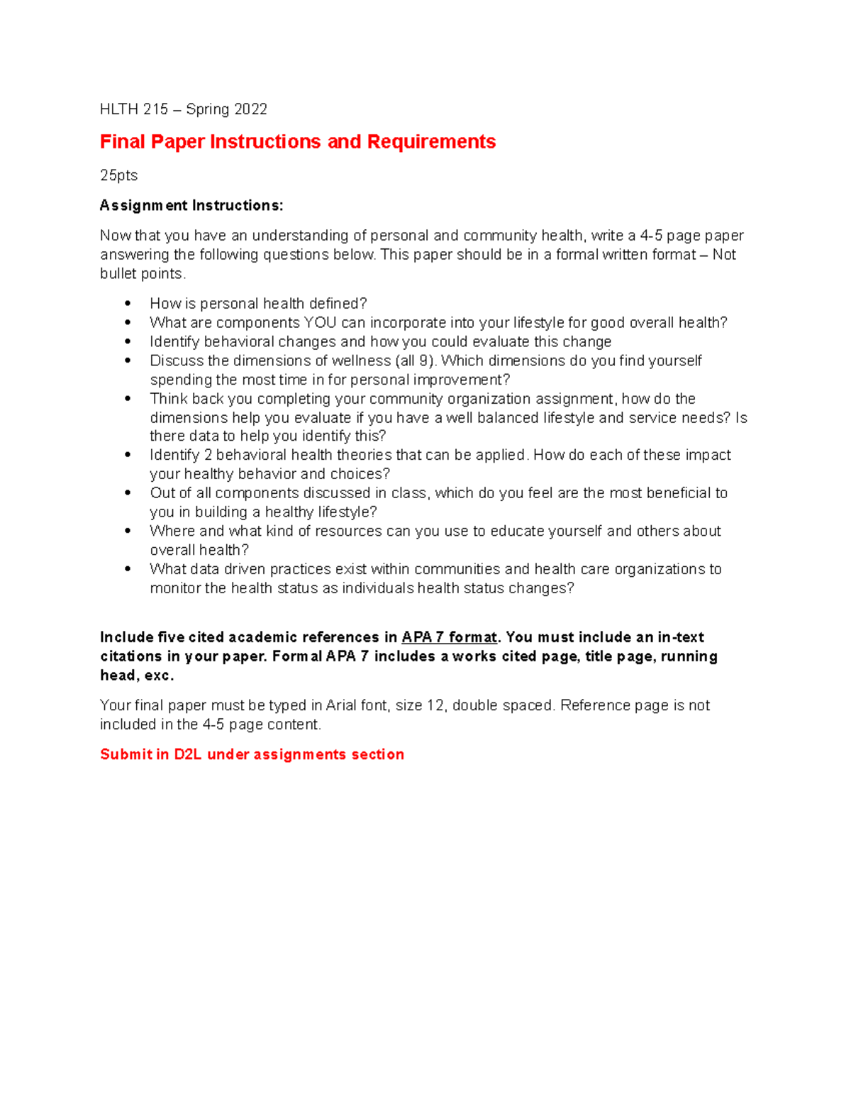 HLTH 215 Final Paper instructions - HLTH 215 – Spring 2022 Final Paper ...