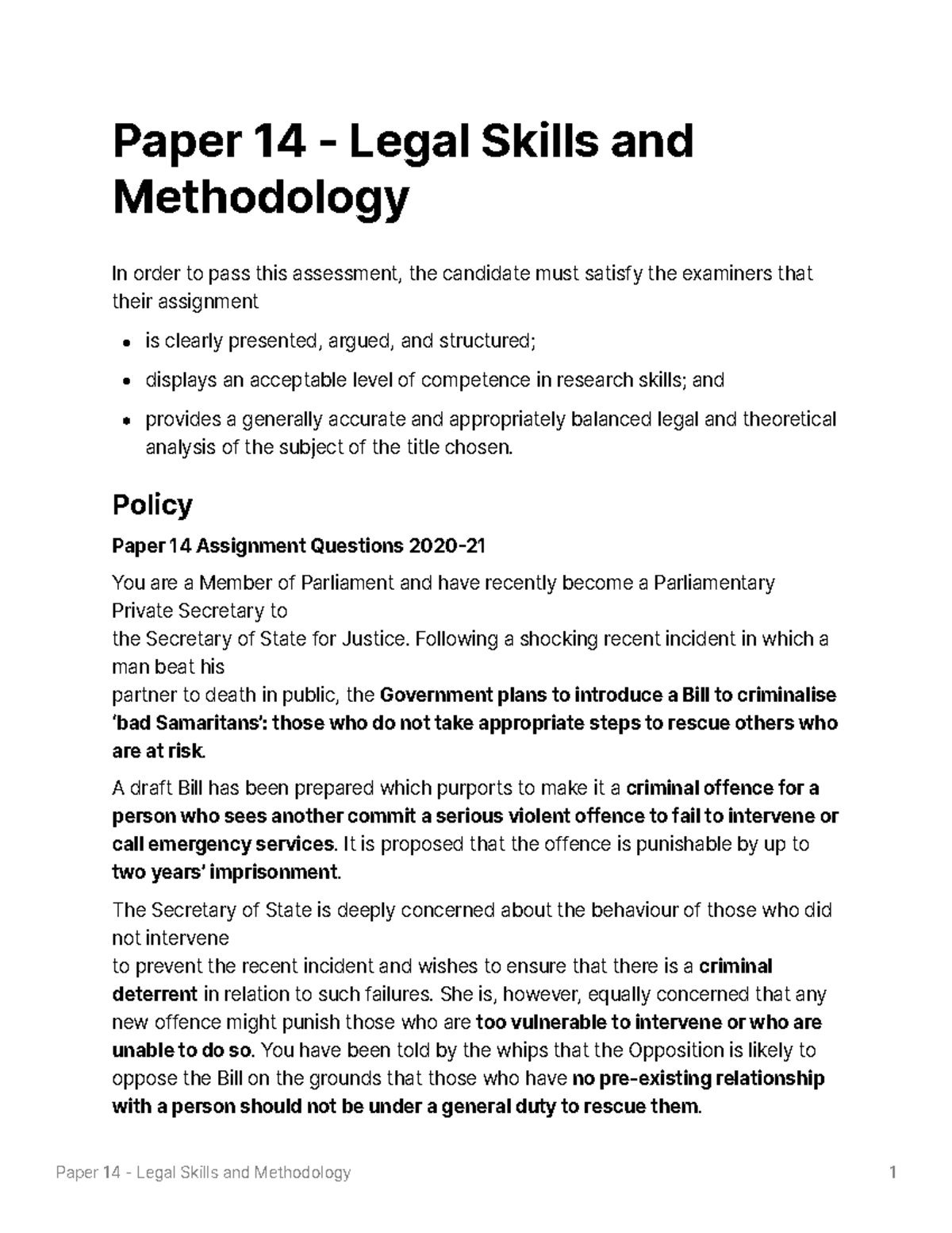 Paper 14 - Legal Skills and Methodology - Policy Paper 14 Assignment ...