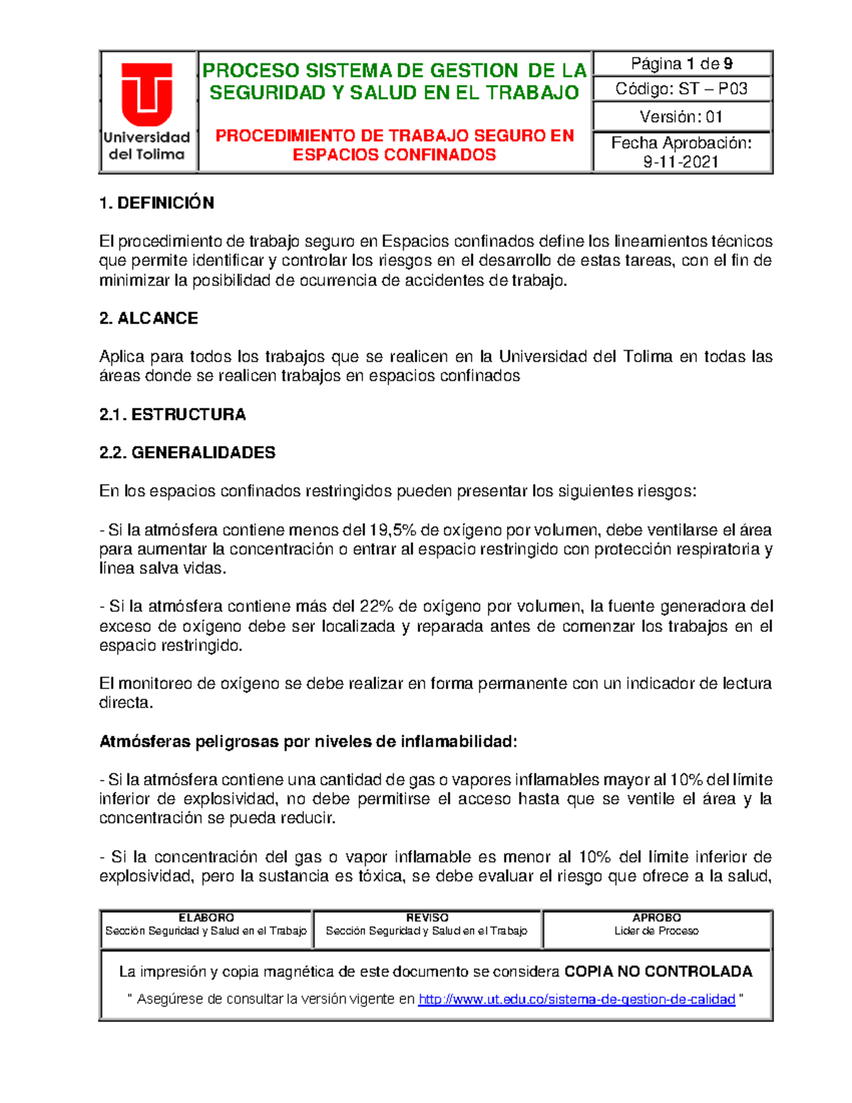 Procedimiento DE Trabajo Seguro EN Espacios Confinados - PROCESO SISTEMA DE GESTION DE LA ...