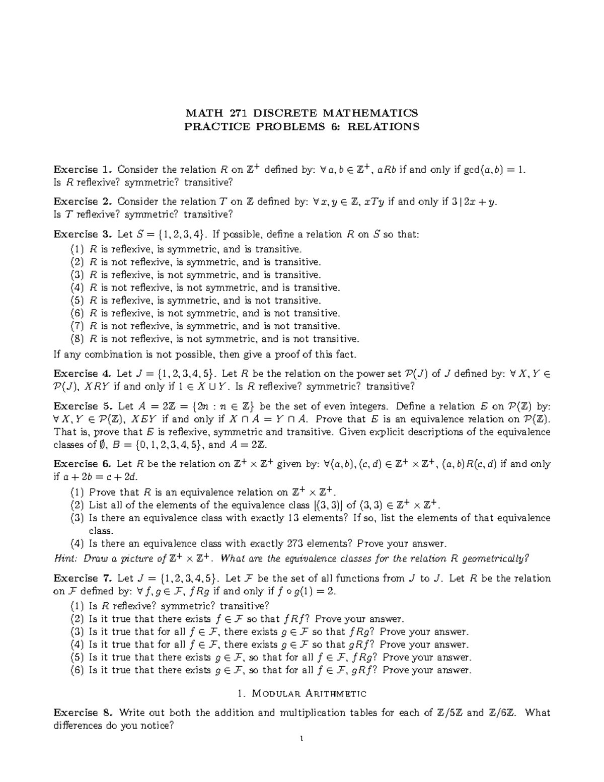 271 practice 6 Relations MATH 271 DISCRETE MATHEMATICS PRACTICE 
