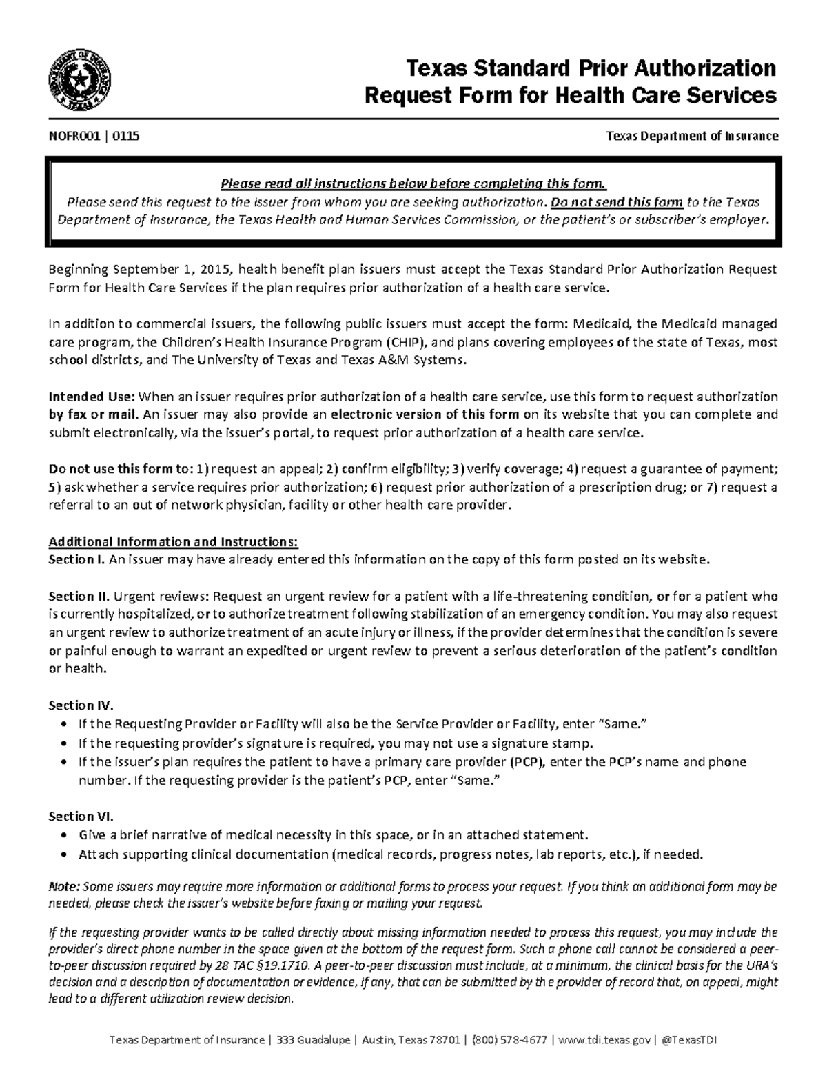 Standard Prior Auth Form- TCHP - Texas Department of Insurance | 333 ...