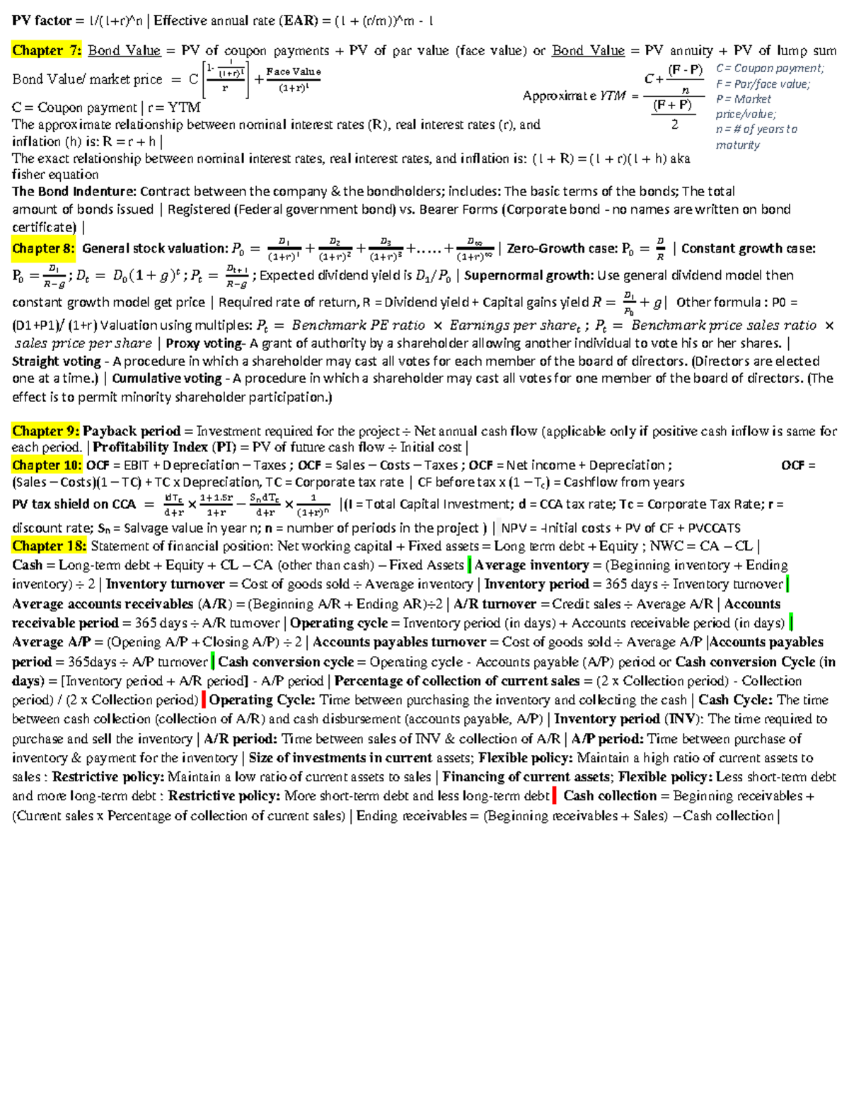 Comm 203 T2 Cheat Sheet - PV factor = 1/(1+r)^n | Effective annual rate ...