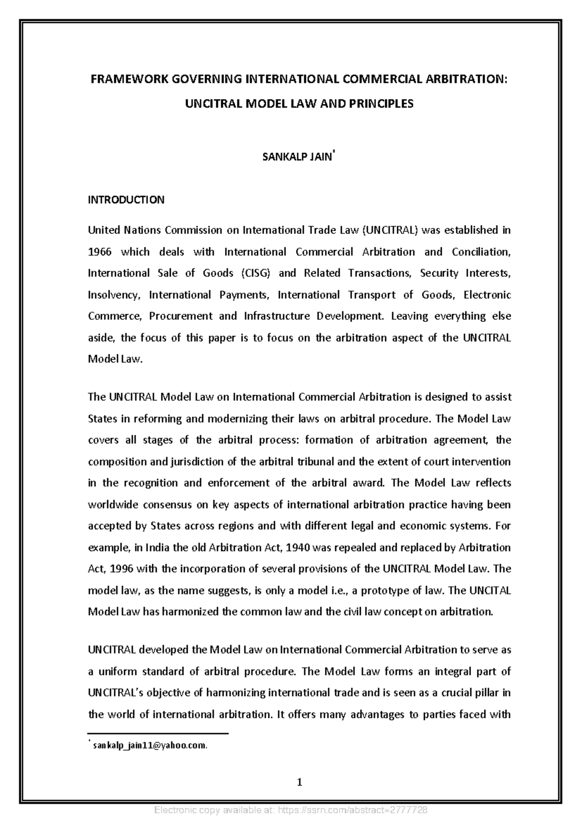 Framework Governing International Commercial Arbitration Uncitral Model ...