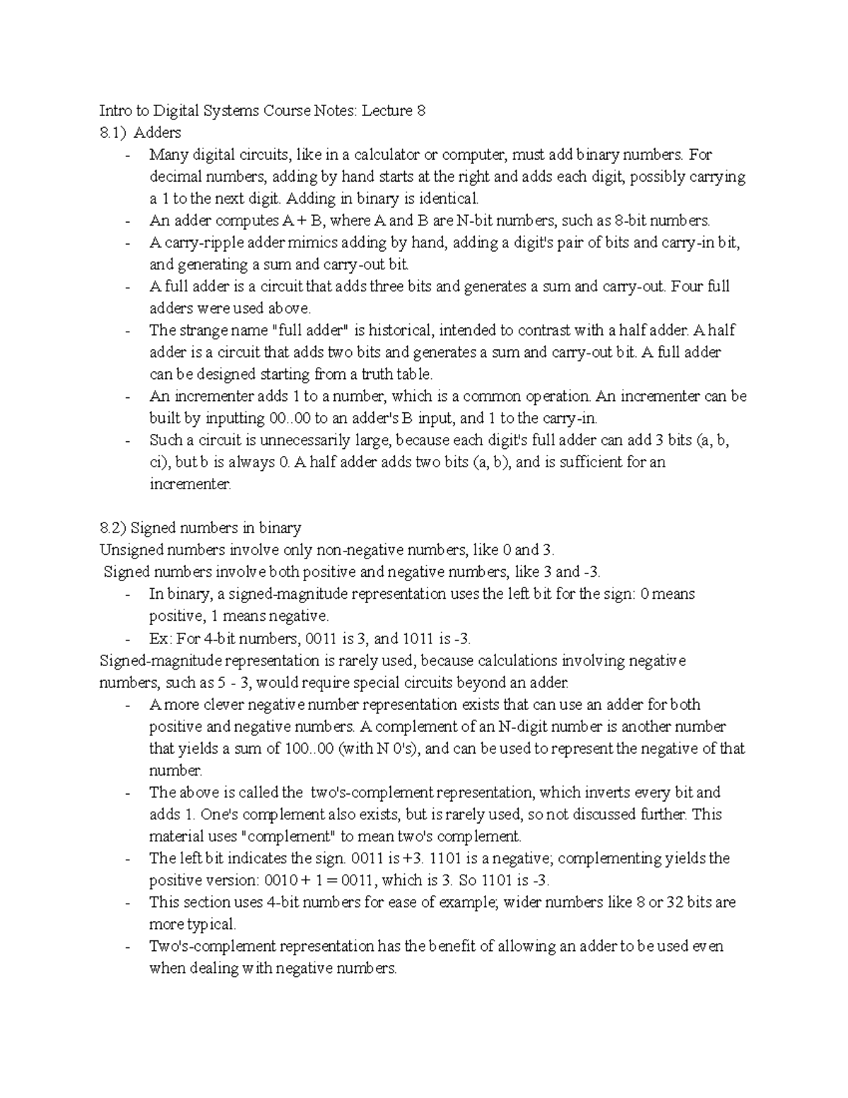 Intro to Digital Systems Course Notes Lecture 8 - For decimal numbers ...