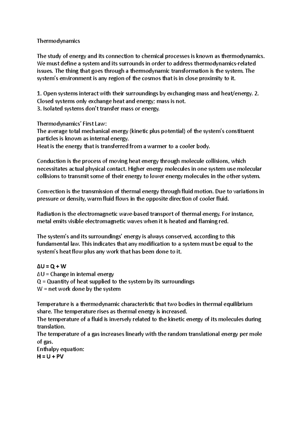 Thermodynamics - Notes from science lectures - Thermodynamics The study ...