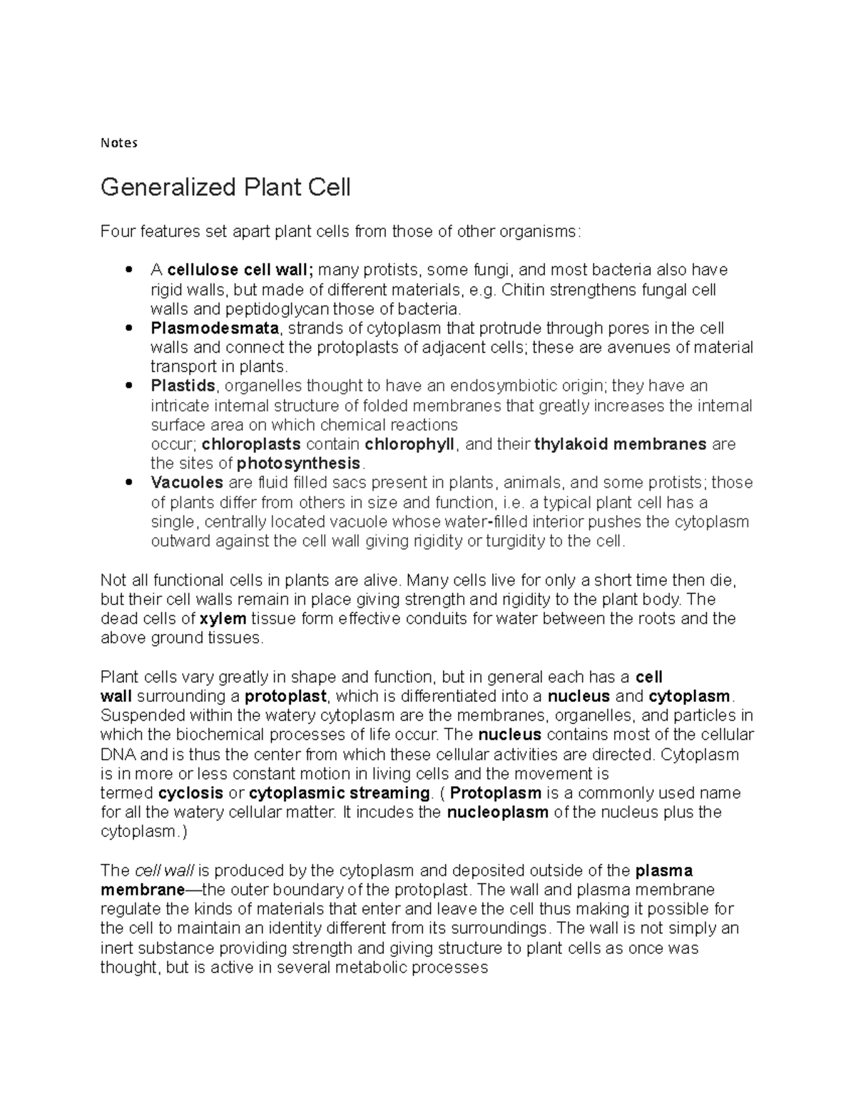 Document 69 - life of plants - Notes Generalized Plant Cell Four ...