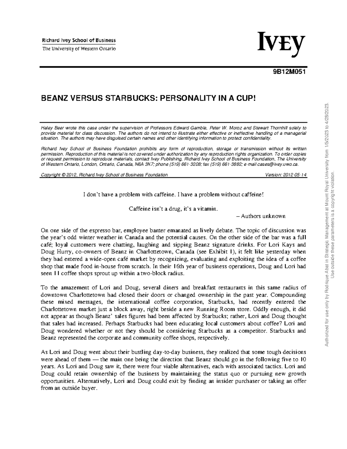 9B12M051 pcu - case study - S w 9B12M BEANZ VERSUS STARBUCKS ...