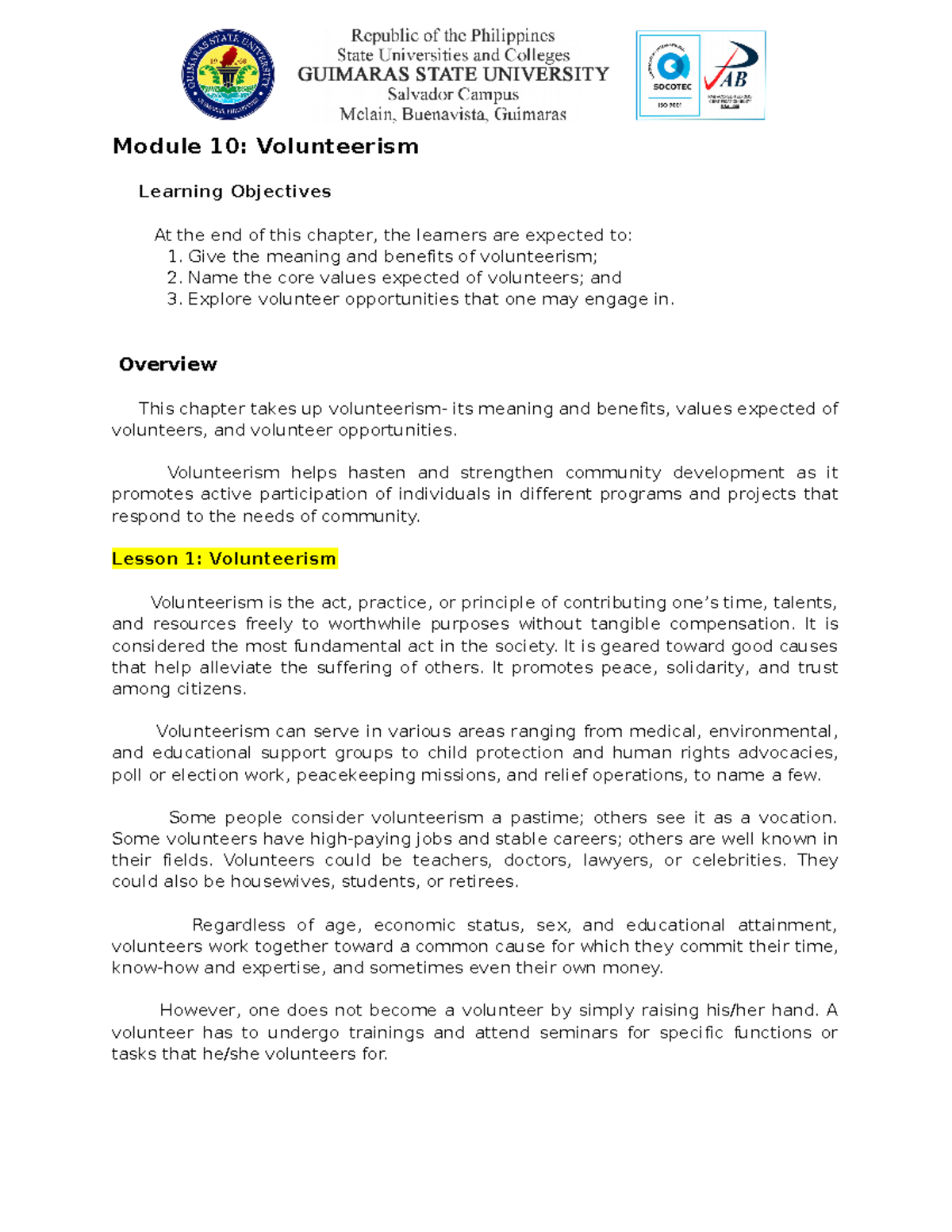 Module-10-Volunteerism - Module 10: Volunteerism Learning Objectives At ...
