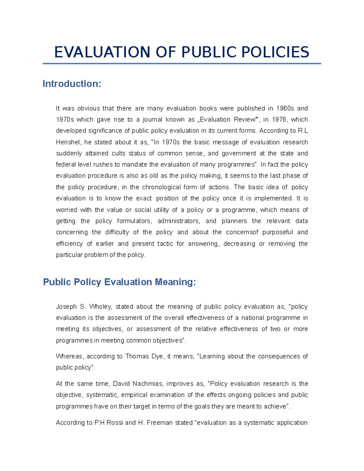 Evaluation OF Public P Olicies - EVALUATION OF PUBLIC POLICIES ...