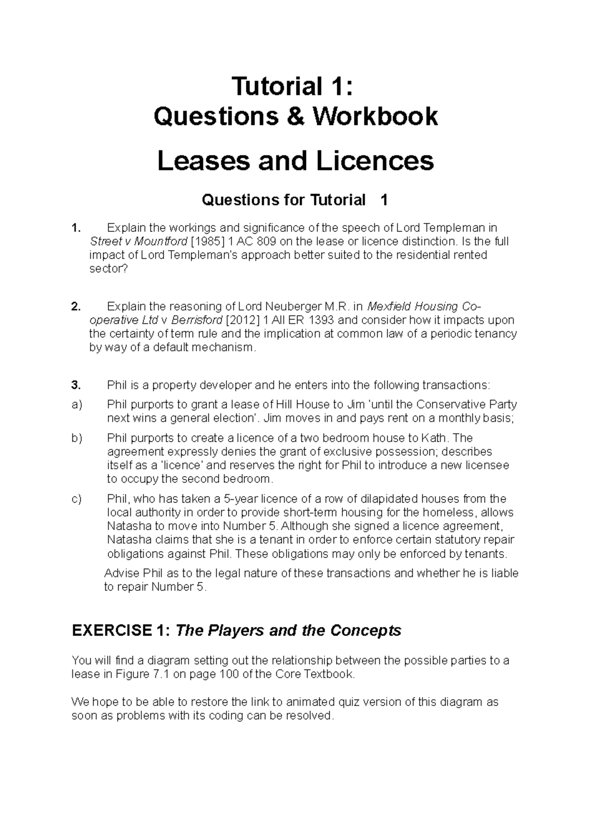 Tutorial 1 - Leases - Summary Planning Law - Tutorial 1: Questions ...