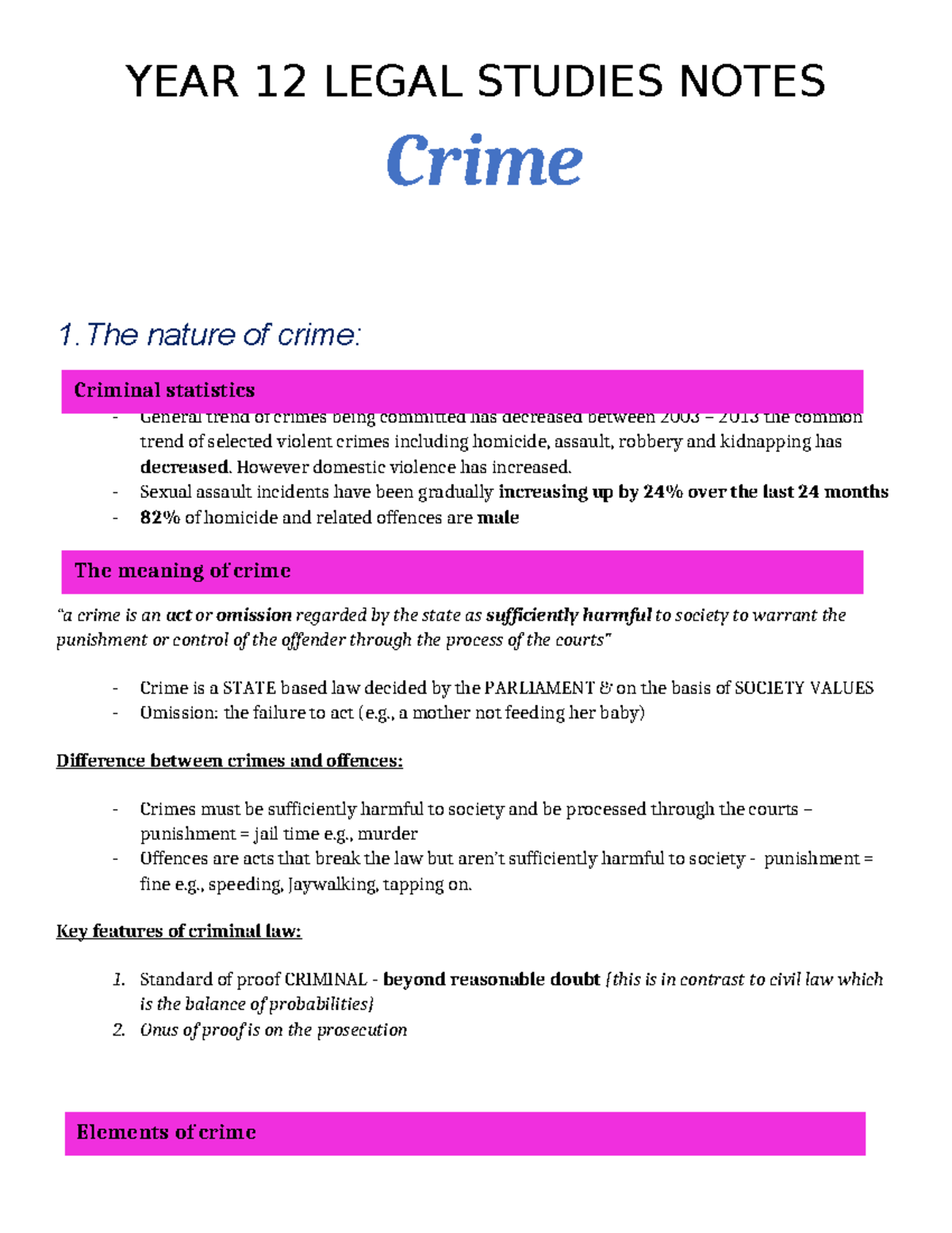 Legal Studies - Yr 12 Crime - YEAR 12 LEGAL STUDIES NOTES Crime 1 ...