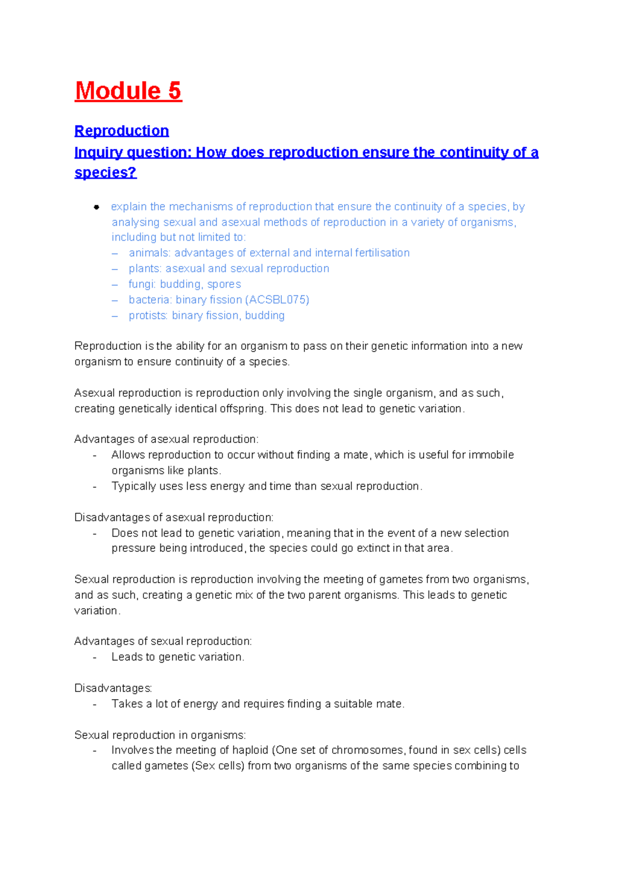 Biology HSC Notes 2021 good! excellent! - Module 5 Reproduction Inquiry ...