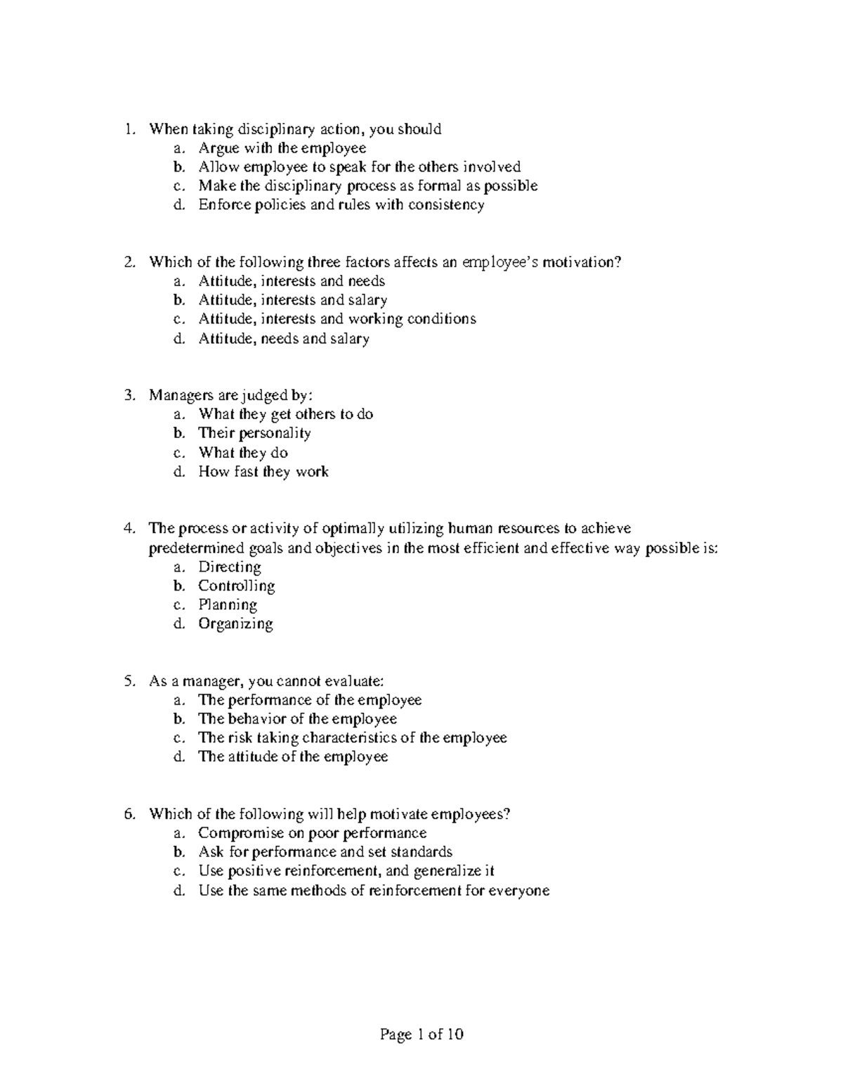 Management - Quiz - When taking disciplinary action, you should a ...