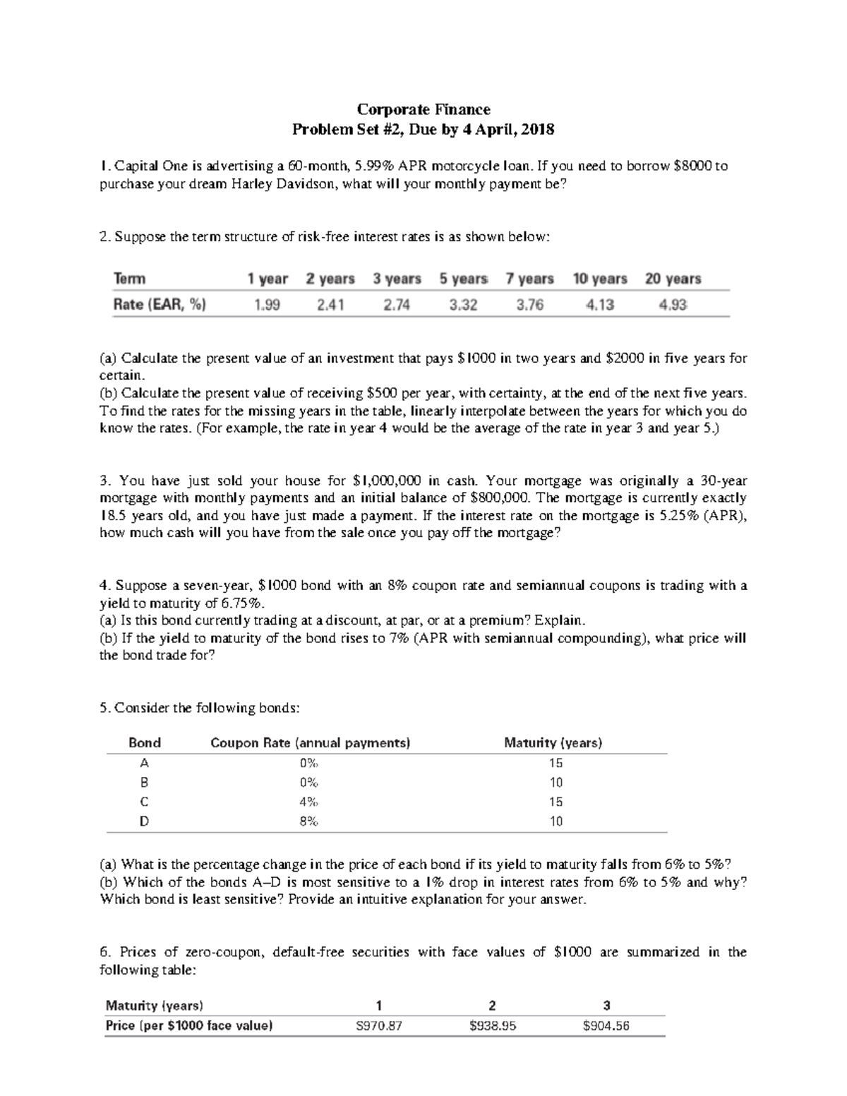 Assignment#2 - Corporate Finance Problem Set #2, Due by 4 April, 2018 1 ...